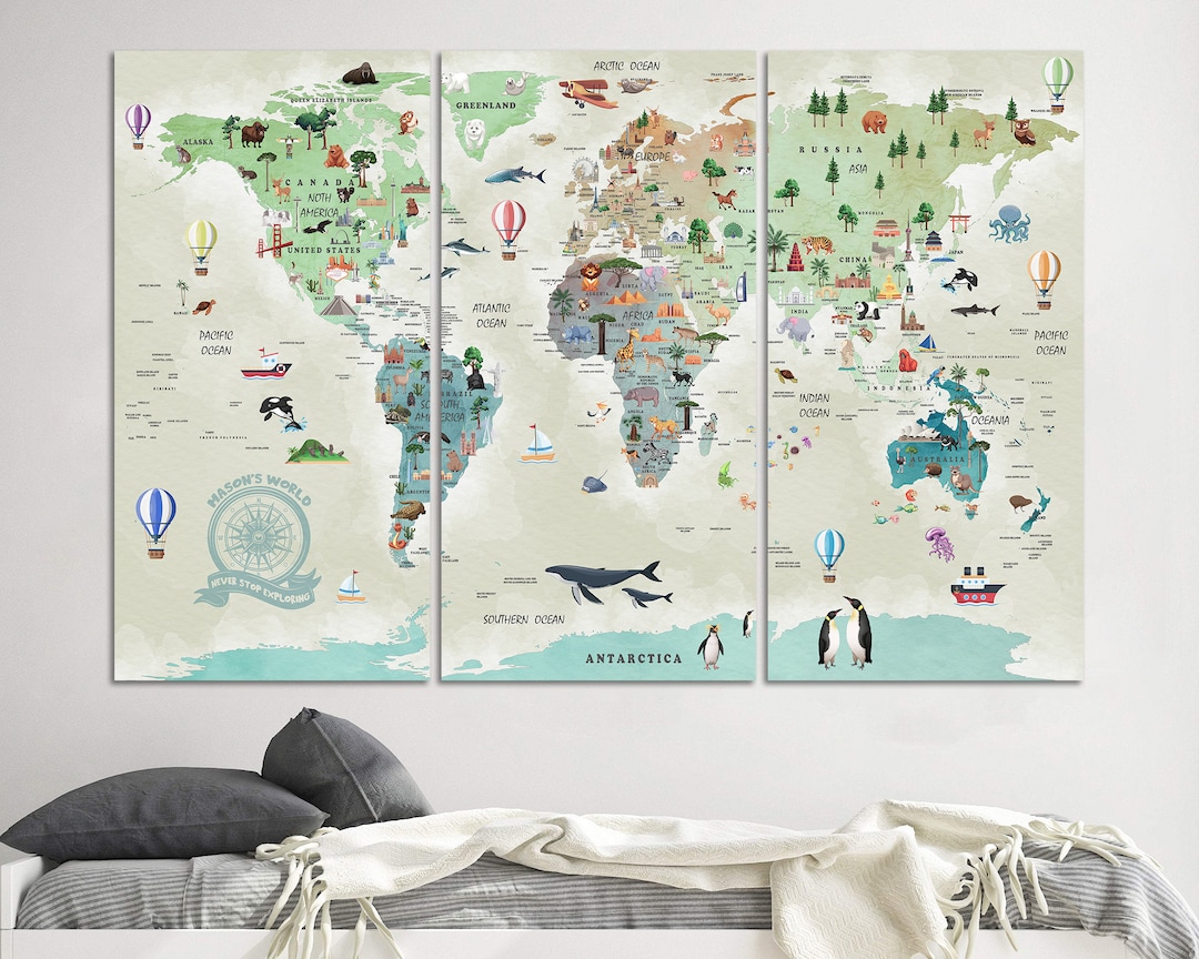 Wall Art Kids Adventure World Map Personalized Canvas Print Map of ...