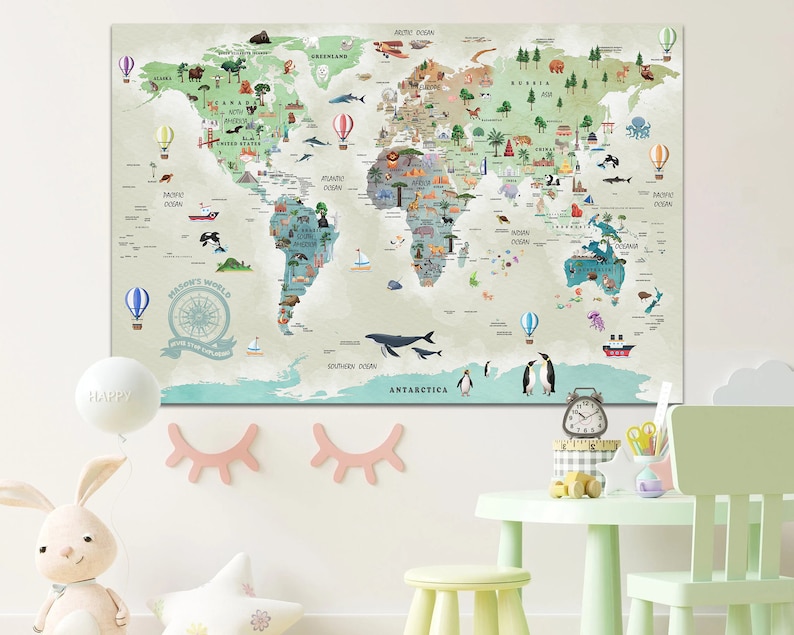 Wall Art Kids Adventure World Map Personalized Canvas Print Map of ...