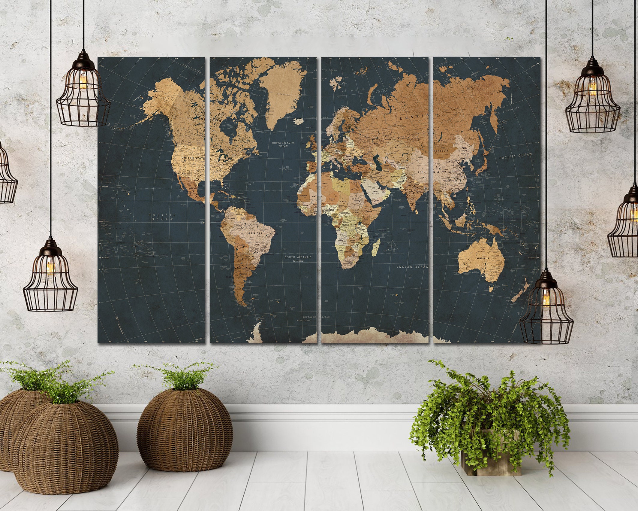 Detailed World Atlas Canvas Print Wall Decor Dark Vintage Travel Map ...