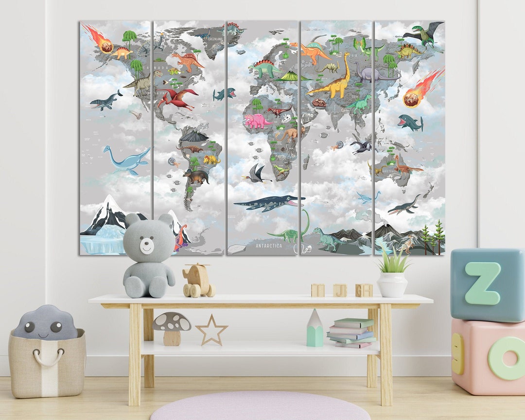 Kids World Map With Dinosaurus Canvas Wall Art Boy & Girl Room Wall ...
