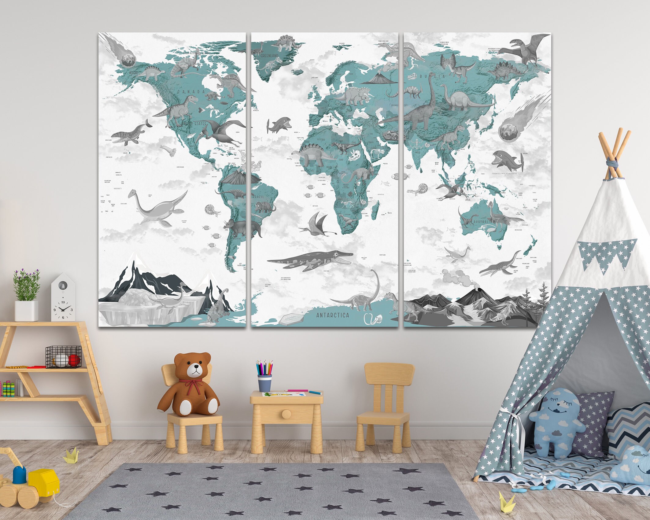 Kids World Map Dinosaur Map Animal Map Children Map Map of the World ...