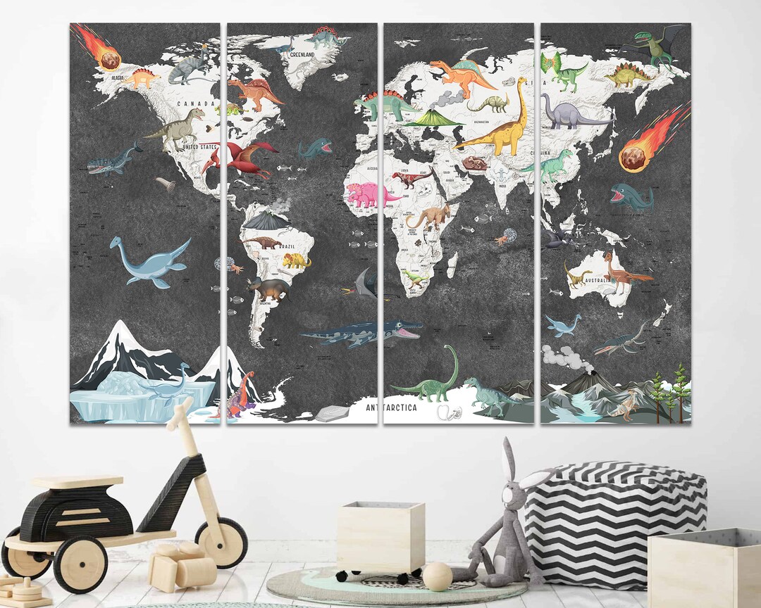 Dinosaur World Map Canvas Print Kids Room Decor Wall Art Gift - Etsy