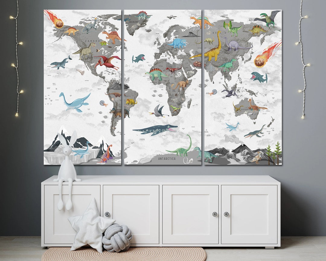 Dinosaur World Map Kids Wall Art Animal Map Kids Decor Map of the World ...