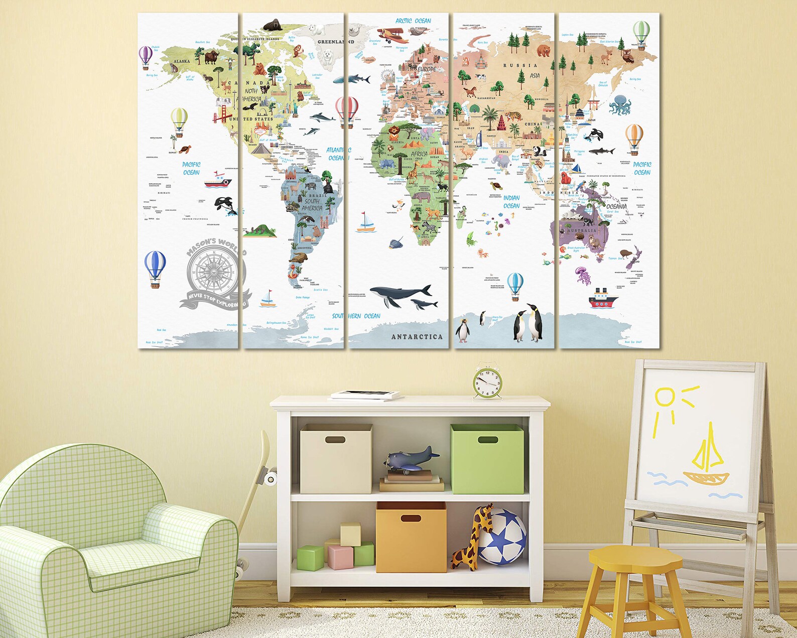 Pastel Educational World Map Kids Wall Room Decor Animal World Map Baby ...