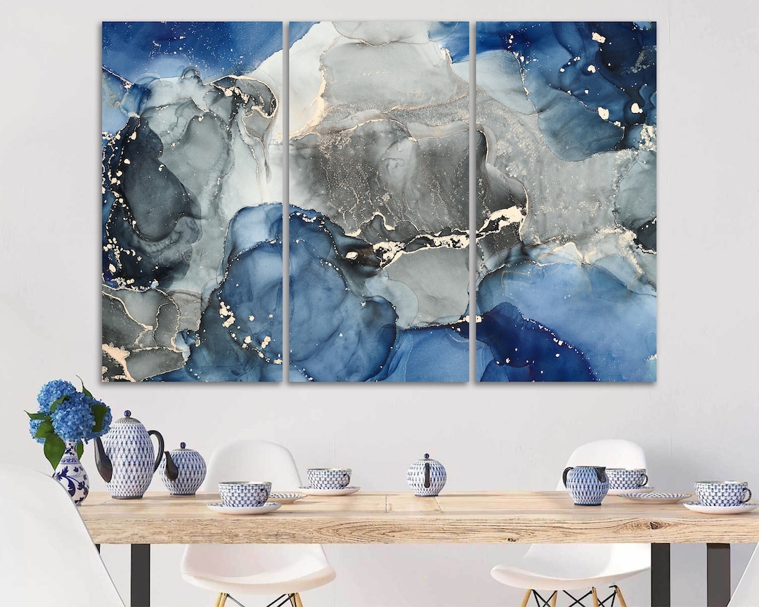 Blue Grey Wall Art Abstract Marbling Canvas Print Home Living Room Wall ...
