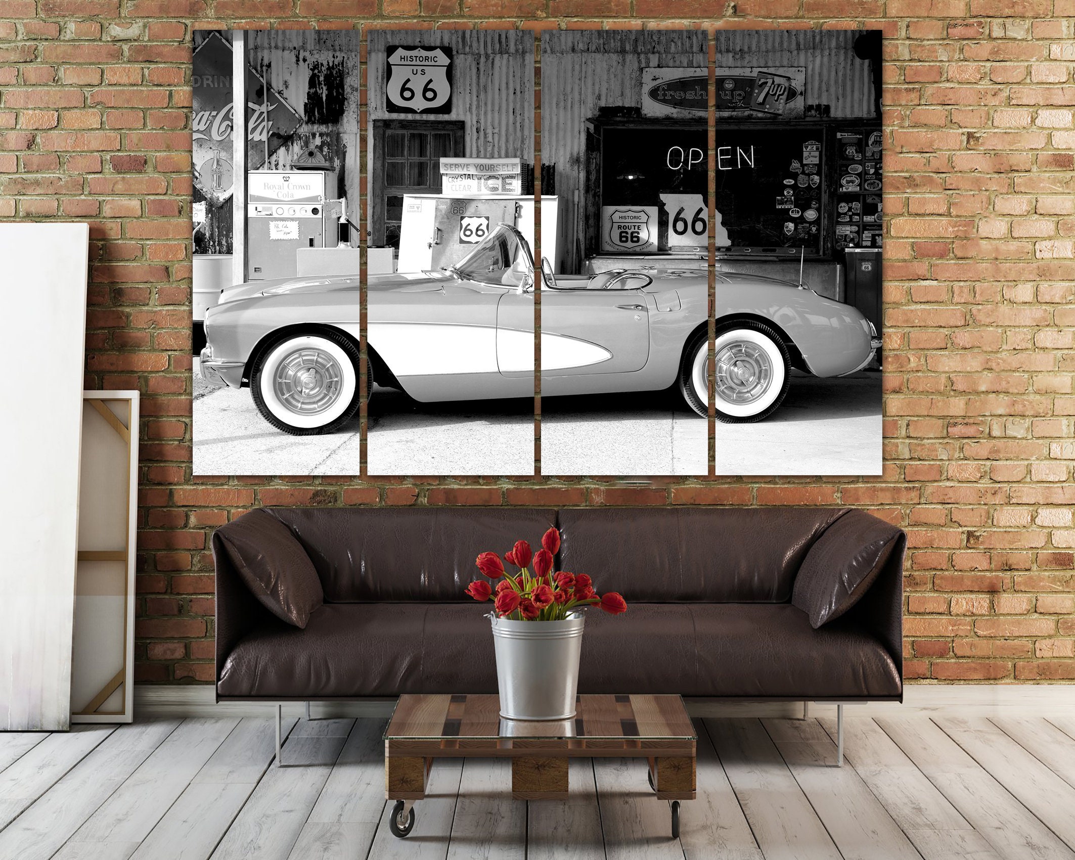 Vintage Car Wall Art Black & White Route 66 Wall Art Canvas Old Gas ...