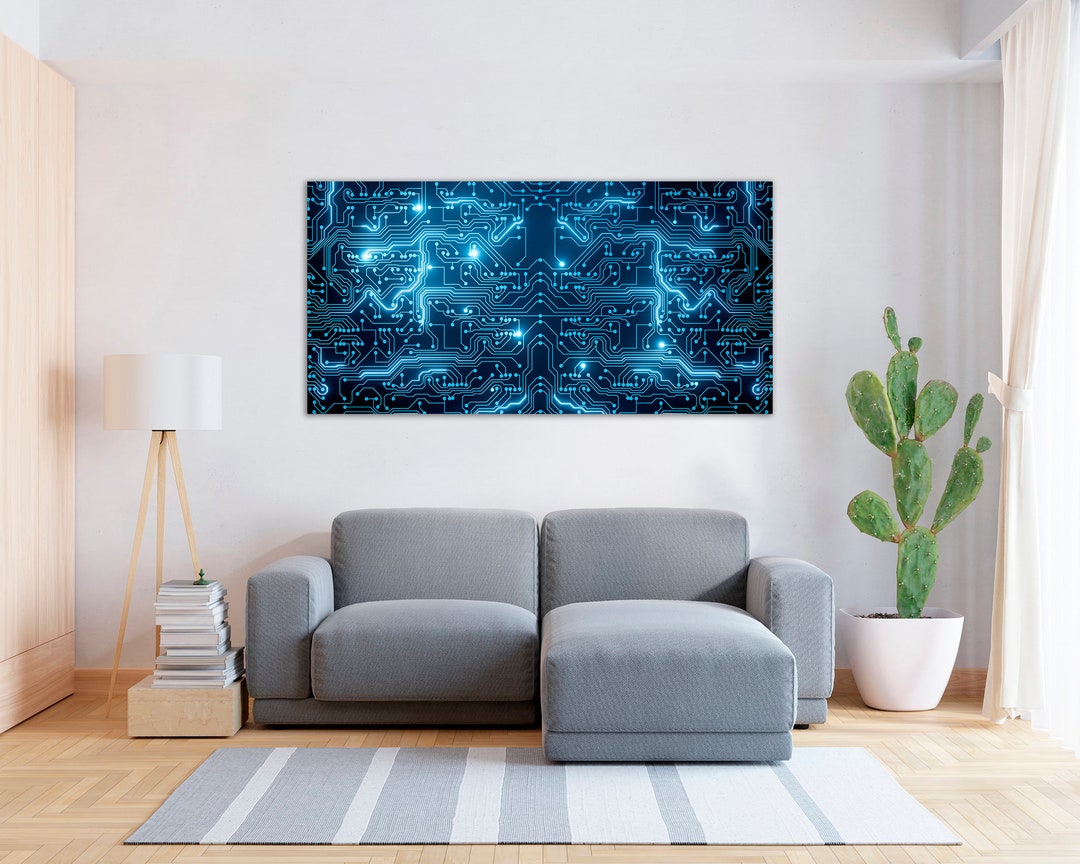 Abstract Blue Neon Circuit Board Canvas Wall Art Print Hi-tech Wall Decor Computer Science Wall ...