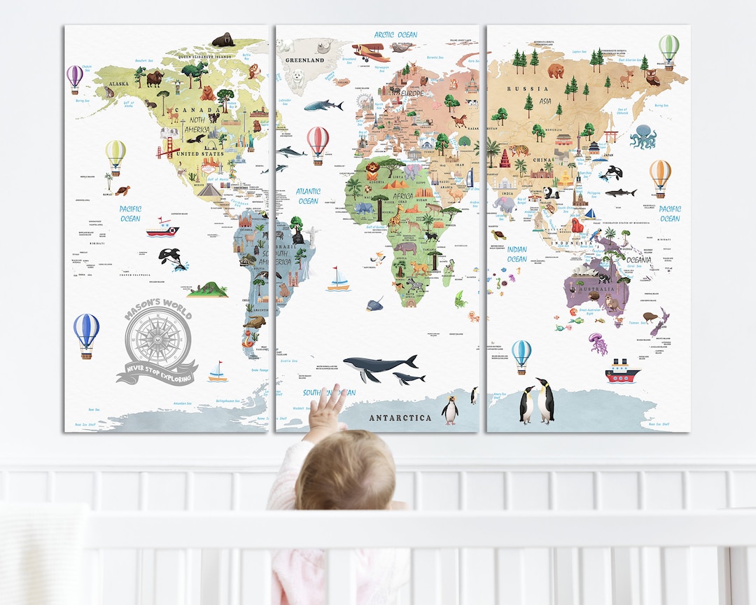 Pastel Educational World Map Kids Wall Room Decor Animal World Map Baby ...