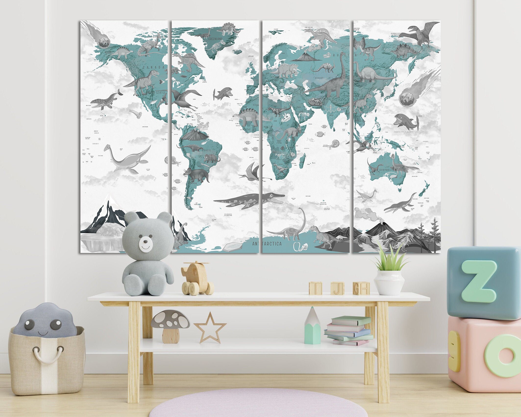 Kids World Map Dinosaur Map Animal Map Children Map Map of the World ...