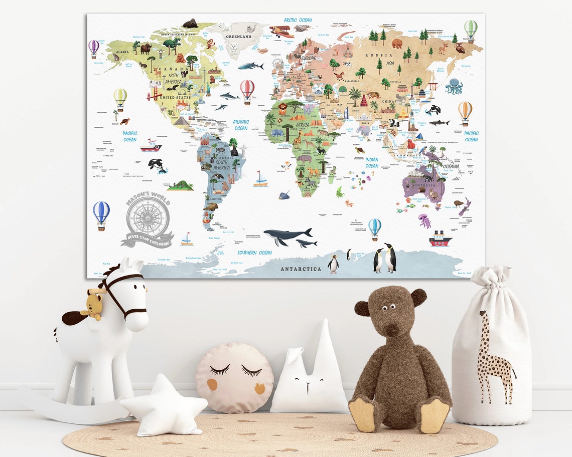 Pastel Educational World Map Kids Wall Room Decor Animal World Map Baby ...