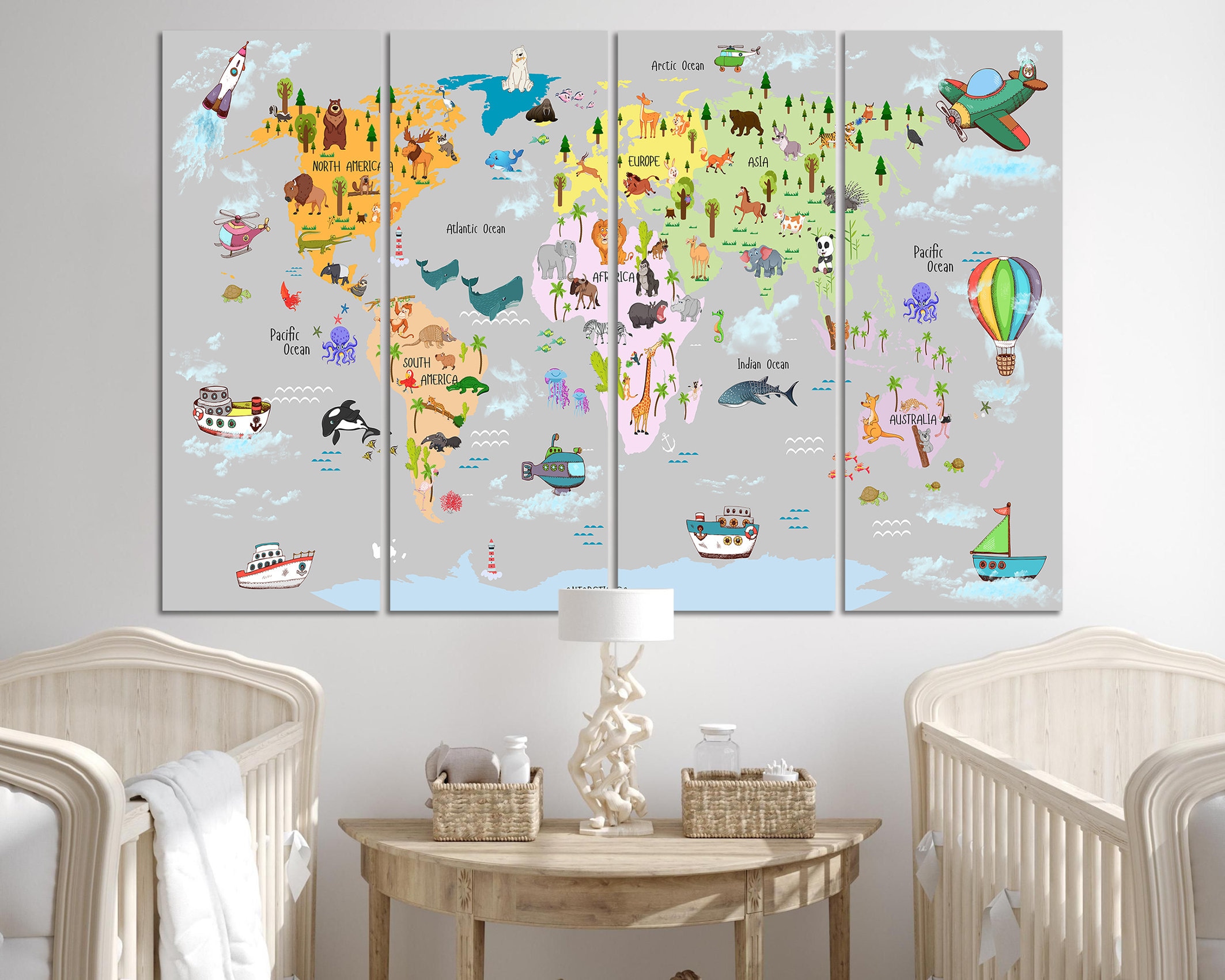 Kids World Map, Kids Wall Decor, Kids Room Wall Art, Baby Room Decor ...
