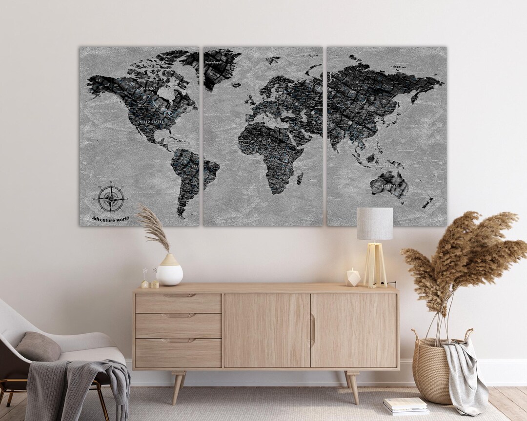 Ash Grey Coal World Map Wall Art Canvas Map Wall Decor Modern Canvas ...