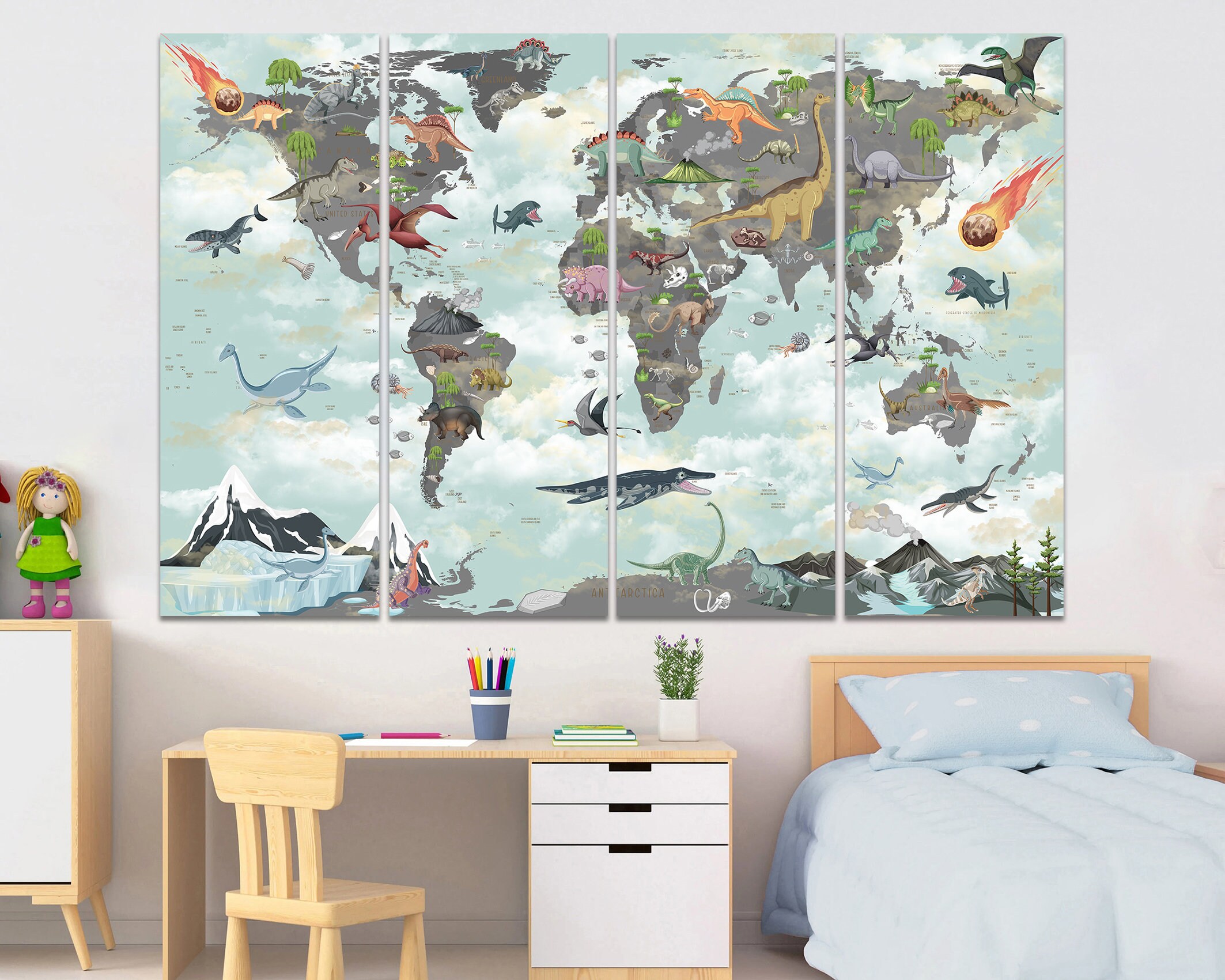 Prehistoric Fantasy Dinosaur World Map Wall Art Kids Room Wall Decor ...