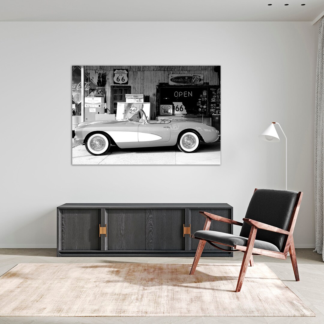 Vintage Car Wall Art Black & White Route 66 Wall Art Canvas Old Gas ...