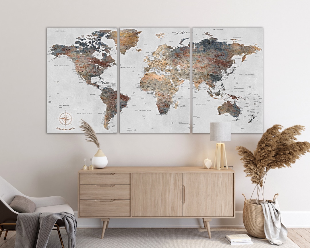 Wall Art World Map Canvas Home Decor Map With Legend Print Push Pin ...