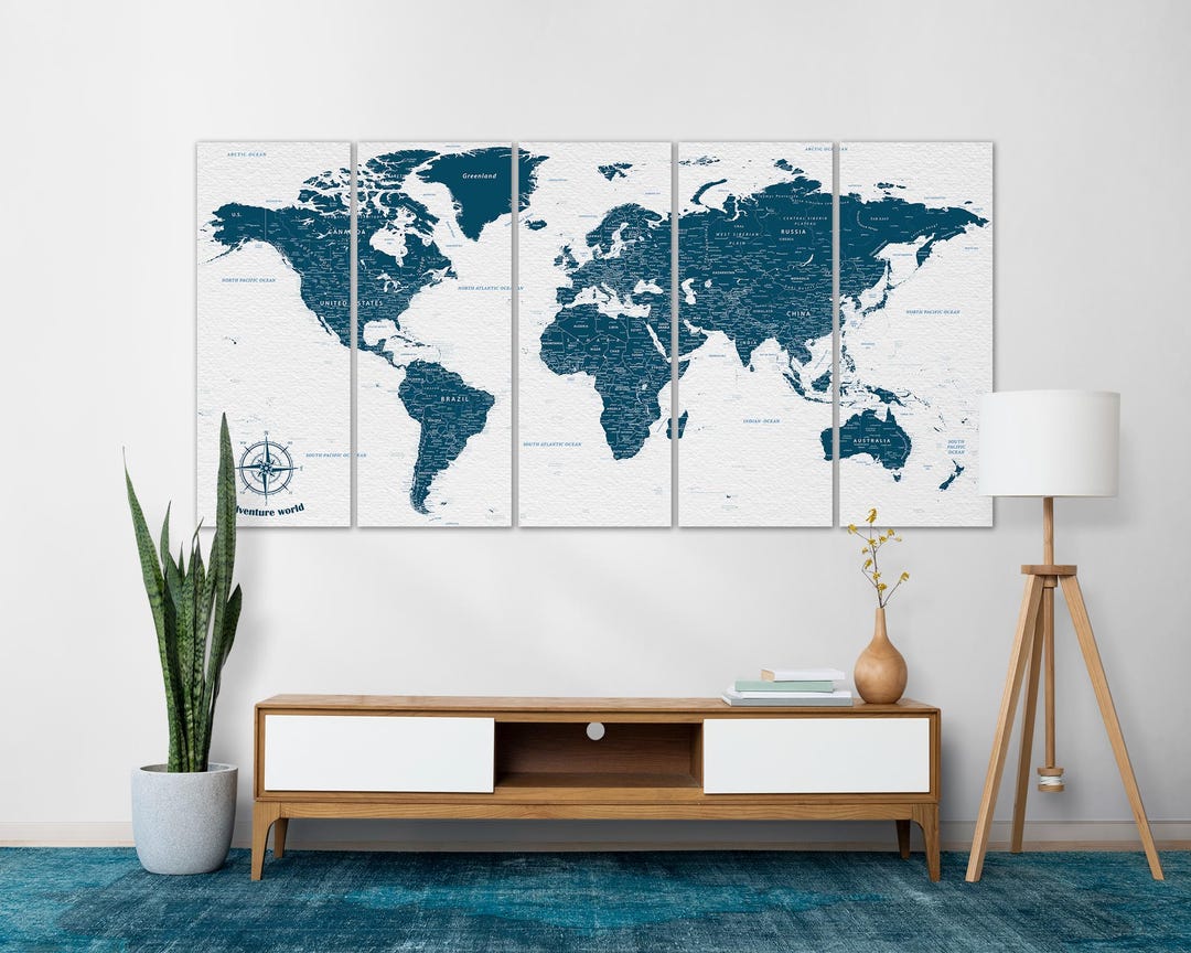 Navy Blue World Map Personalized Wall Art Canvas Map Wall Decor Canvas ...