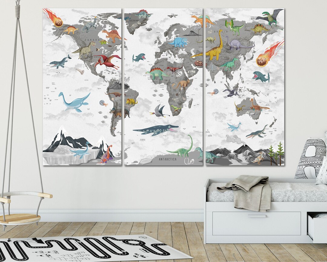 Dinosaur World Map Kids Wall Art Animal Map Kids Decor - Map of the ...