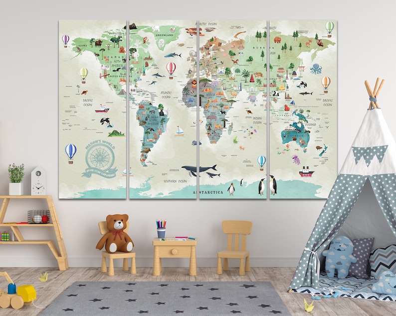 Wall Art Kids Adventure World Map Personalized Canvas Print Map of ...
