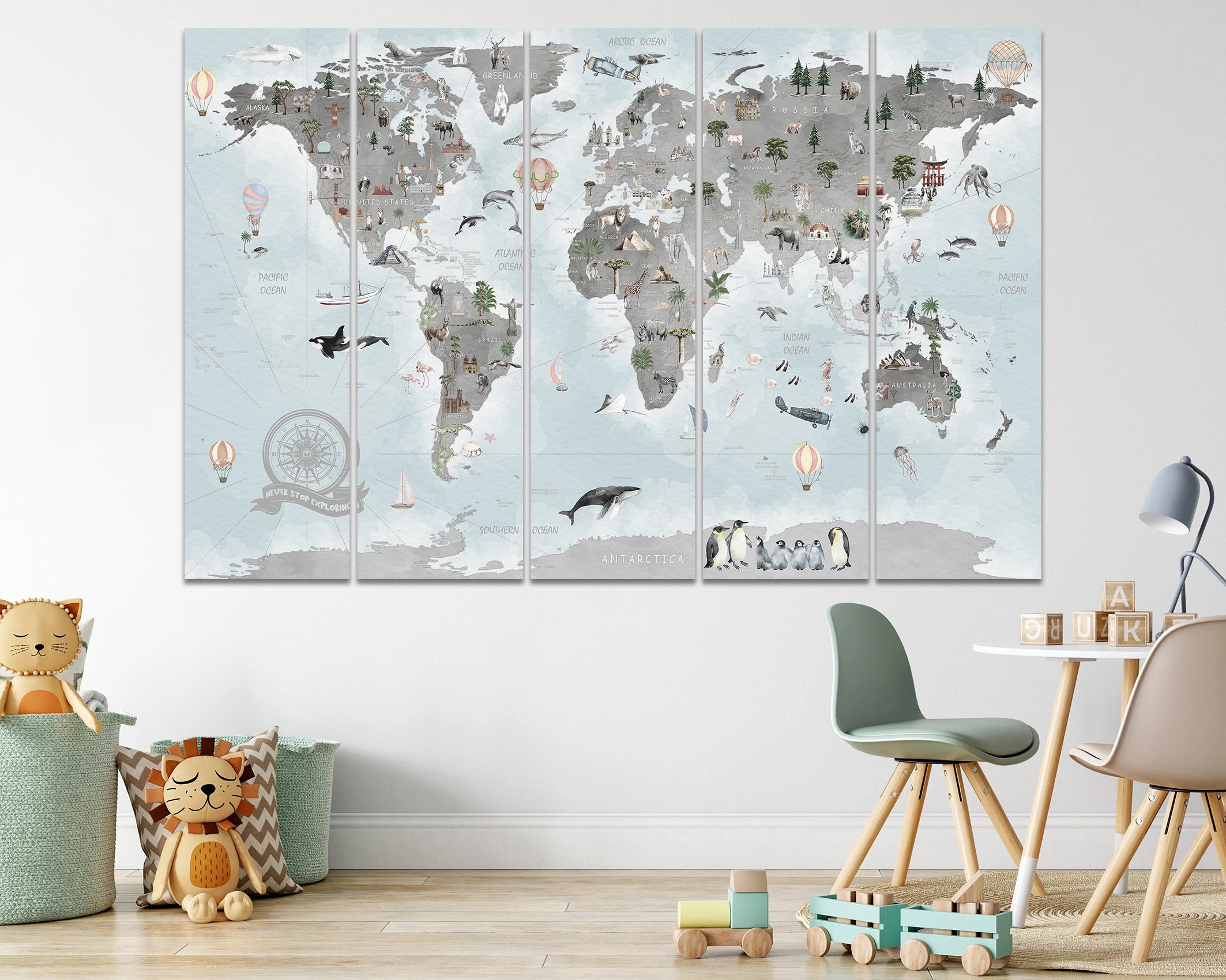 Exploring World Map Kids Wall Art Print on Canvas Personalized - Etsy