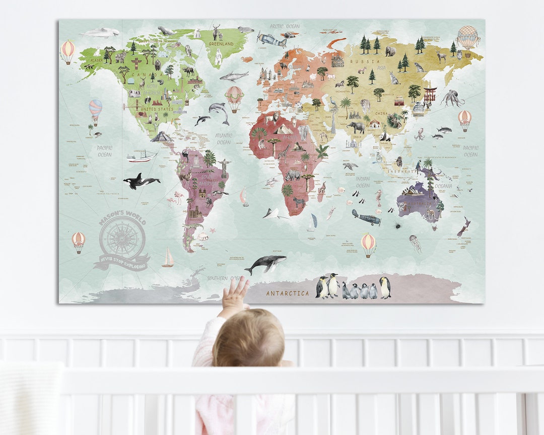 Kids World Map Canvas Personalized World Map Earth Tones Educational ...
