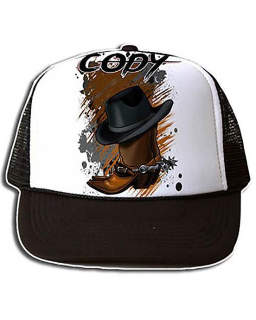 F040 Personalized Airbrushed Cowboy Hat and Boots Snapback Trucker Hat ...