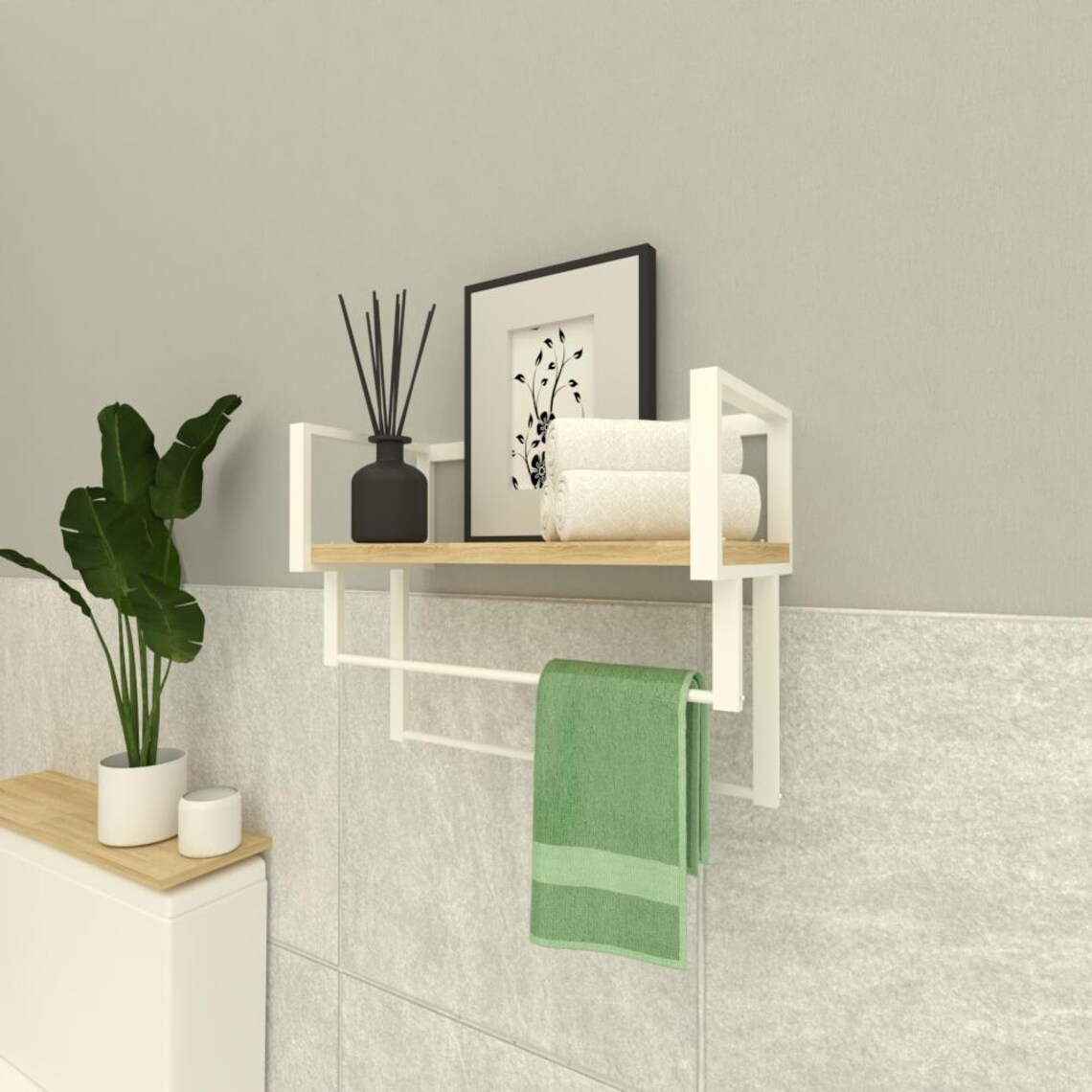 Metal and Wood Bathroom Shelf With Towel Rack: Floating Wall Organizer ...