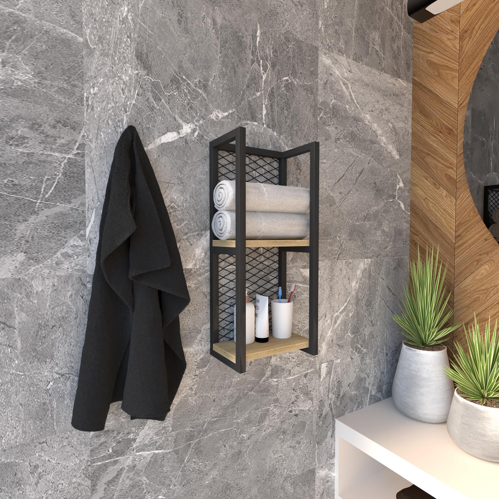 Minimalist Wall Bathroom Shelf, Metal and Wood Floating Towel Storage ...