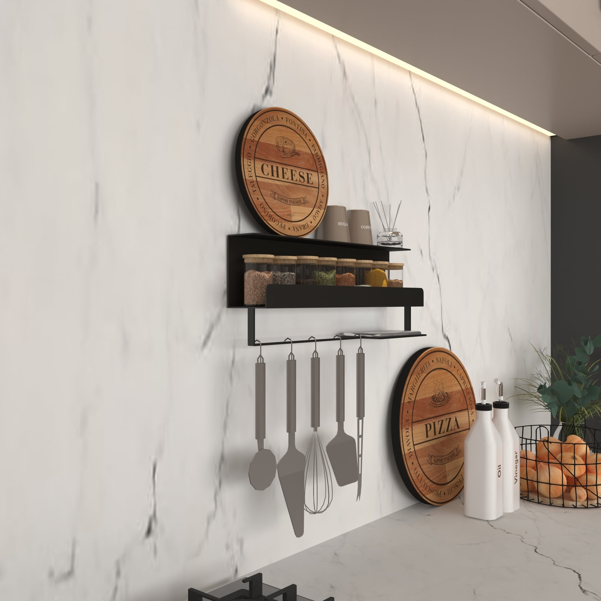 Minimalist Kitchen Shelf With Spice Rack and Rail for Utensils ...