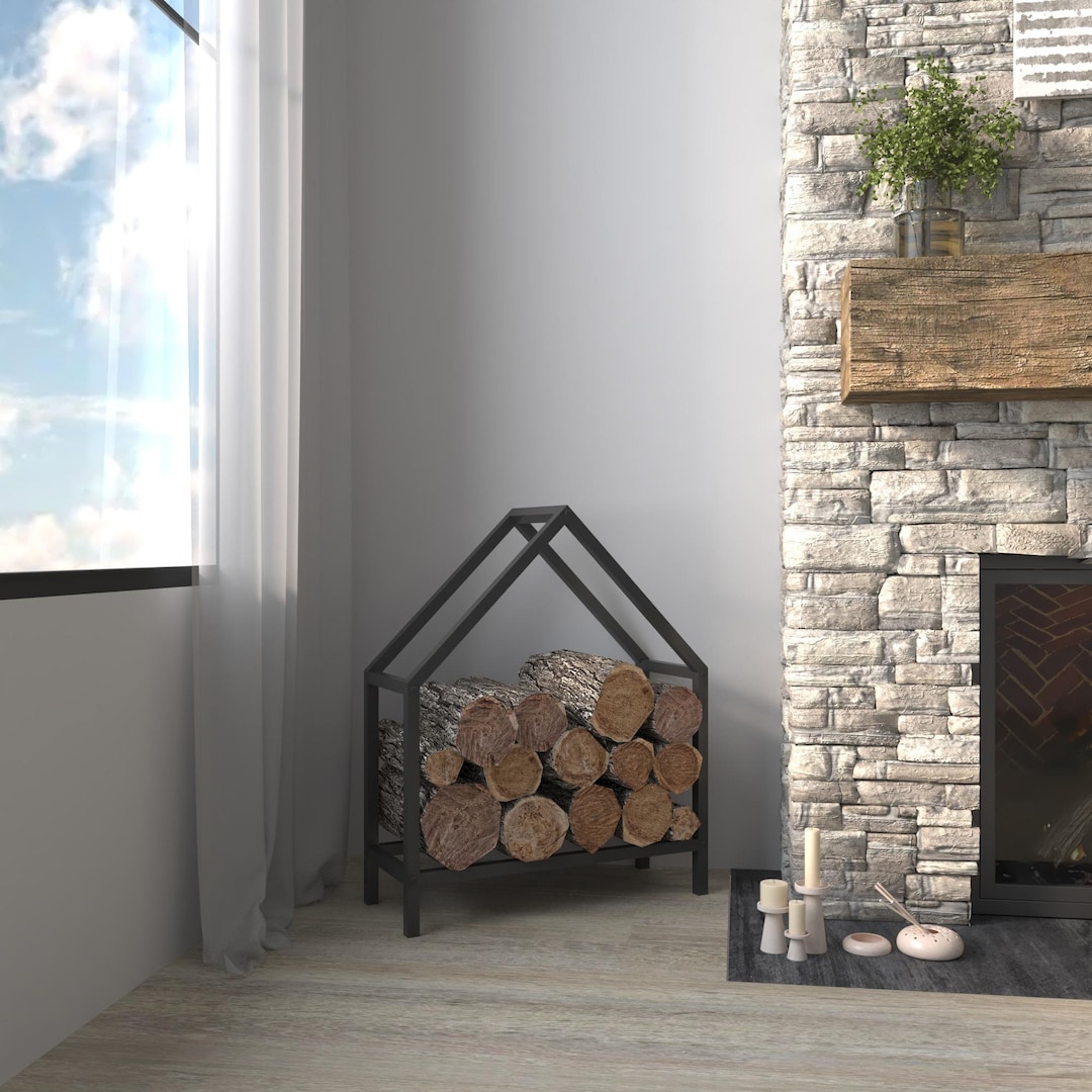 House-shaped Indoor Firewood Storage Rack, Modern Metal Log Organizer ...