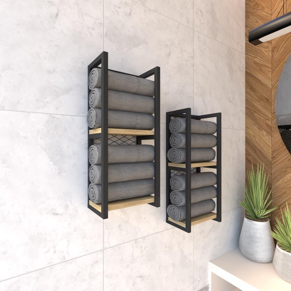 Minimalist Wall Bathroom Shelf, Metal and Wood Floating Towel Storage ...