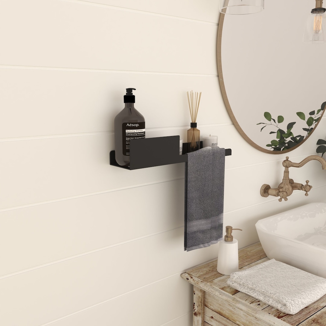 Minimalist Metal Bathroom Floating Shelf With Towel Holder, Modern Hand ...