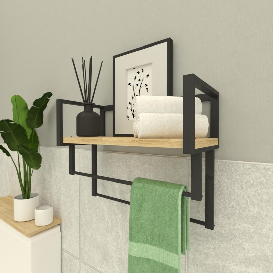 Metal and Wood Bathroom Shelf With Towel Rack: Floating Wall Organizer ...
