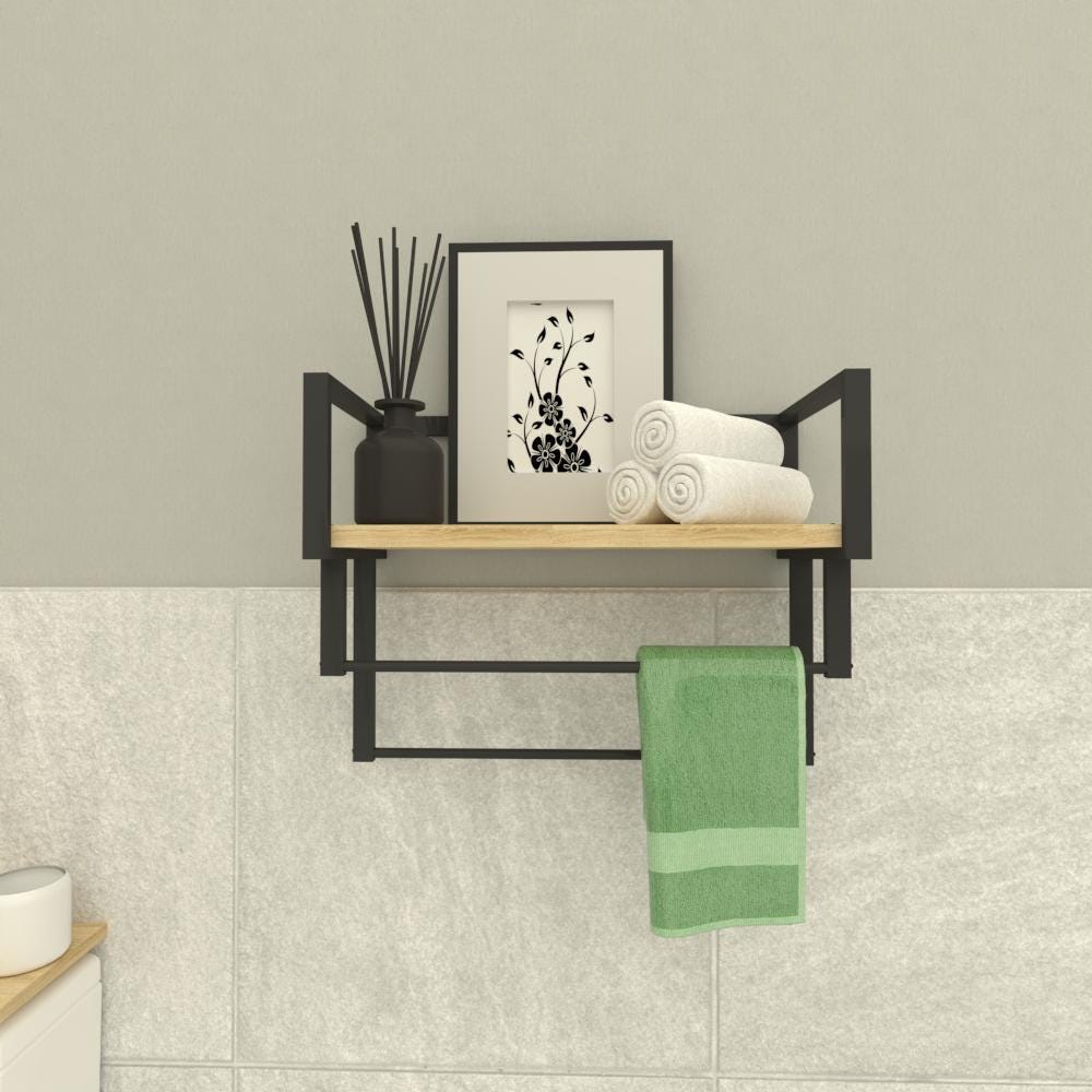 Metal and Wood Bathroom Shelf With Towel Rack: Floating Wall Organizer ...
