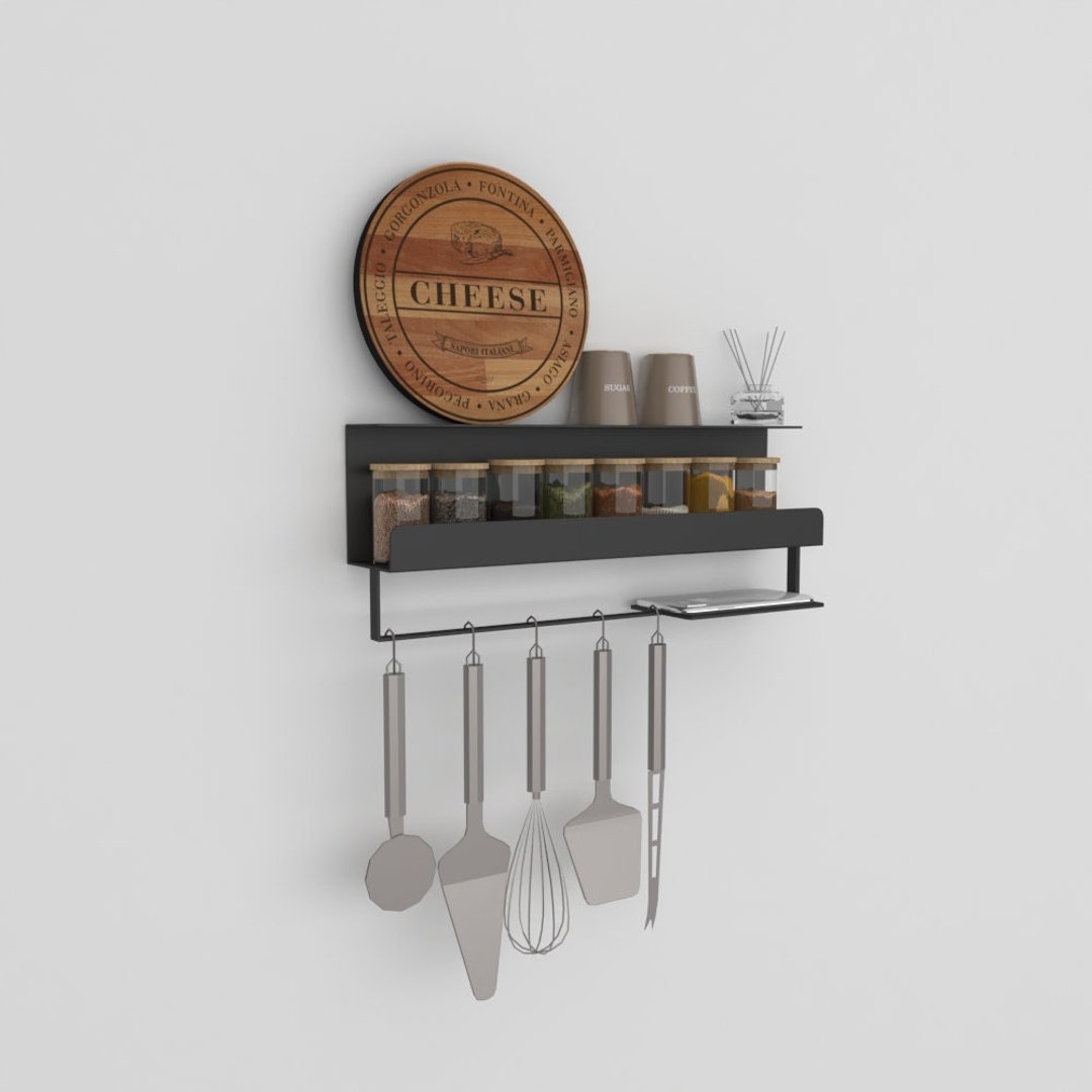 Minimalist Kitchen Shelf With Spice Rack and Rail for Utensils ...