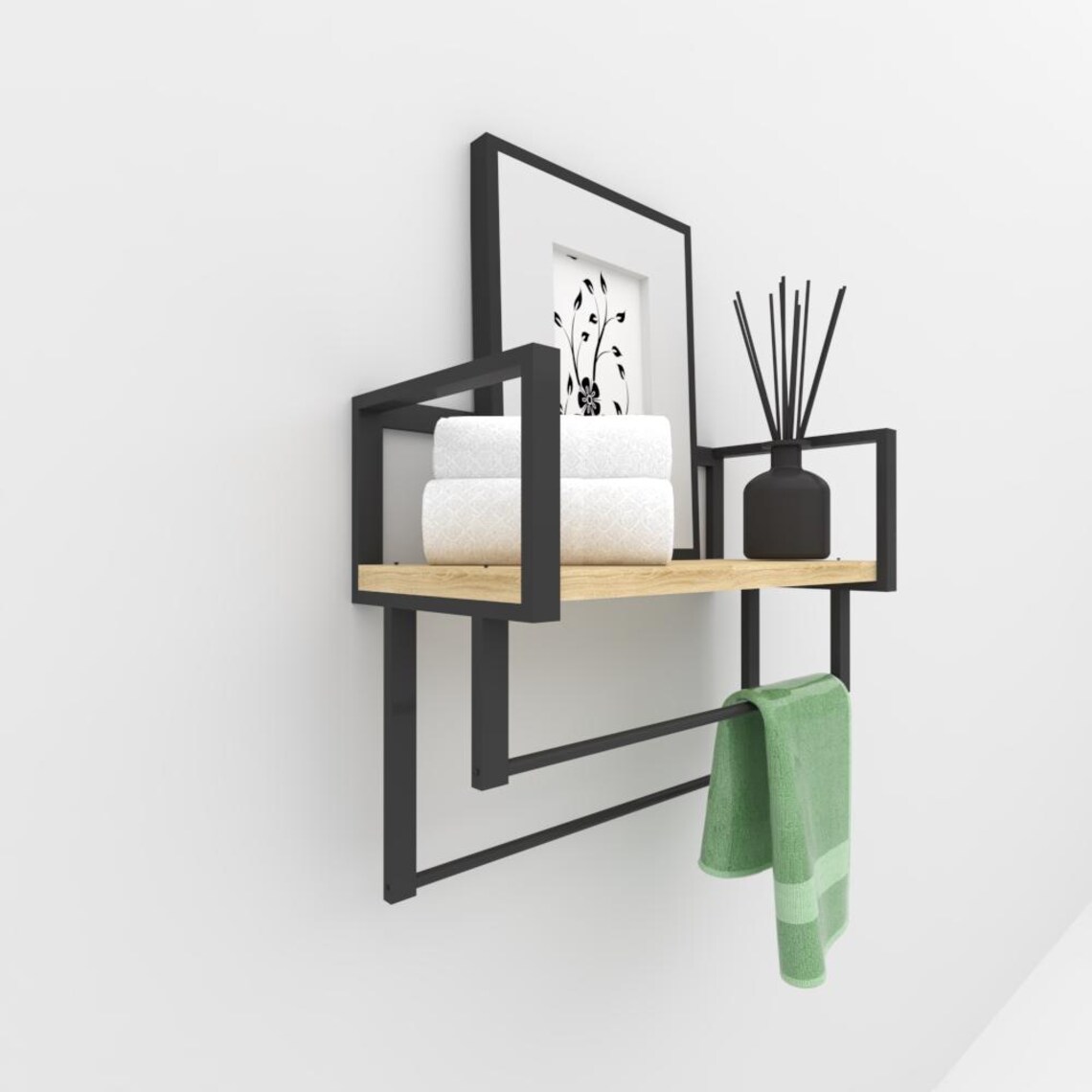 Metal and Wood Bathroom Shelf With Towel Rack: Floating Wall Organizer ...