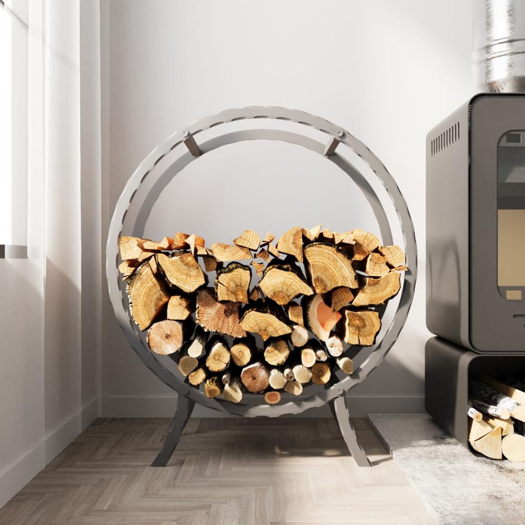 Modern Round Firewood Holder, Black Metal Log Storage Rack for Indoor ...