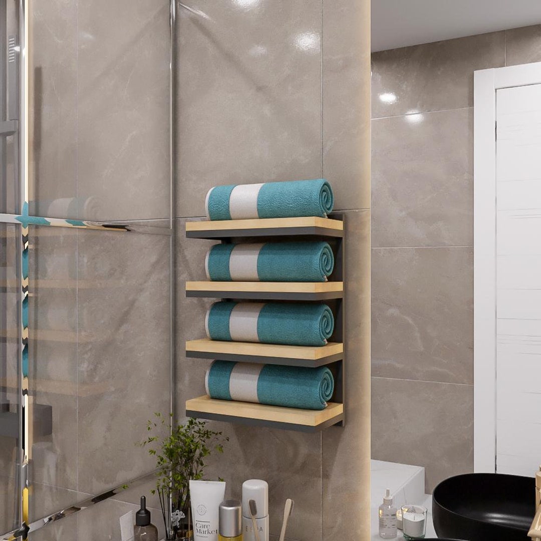 Modern Towel Rack With Wooden Shelves, Floating Towel Shelf for ...