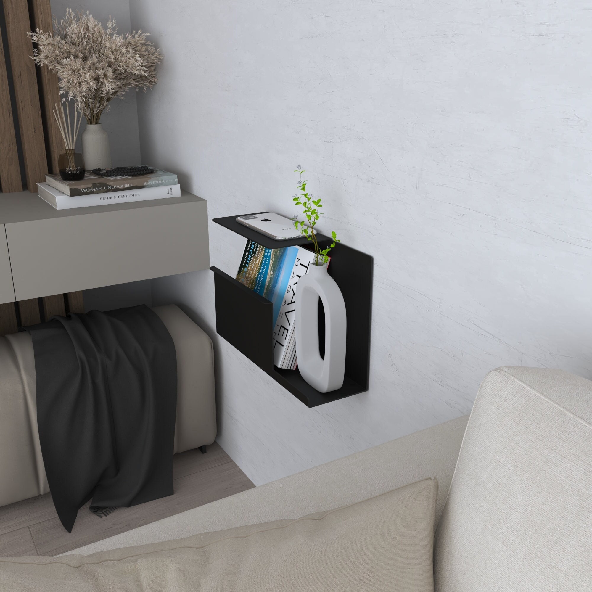 Metal Floating Wall Display Shelf, Minimalist Bedside Magazine Holder ...