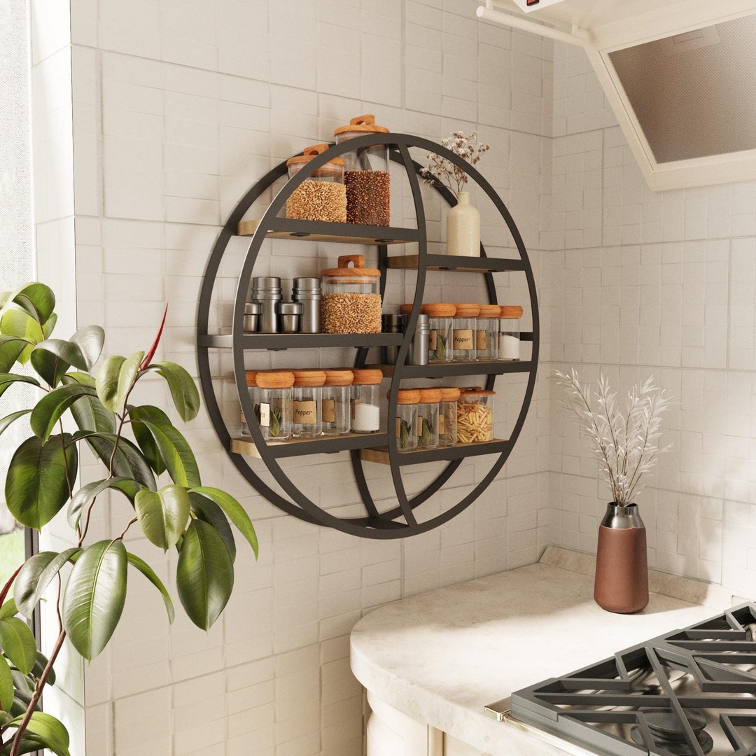 Round Metal Spice Rack: Wooden Floating Shelf, Kitchen Wall Decor - Etsy