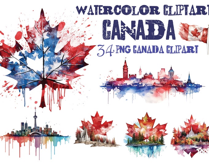 Watercolor Canada Day Clipart, 30 PNG Canada Day Clip Art, Commercial ...