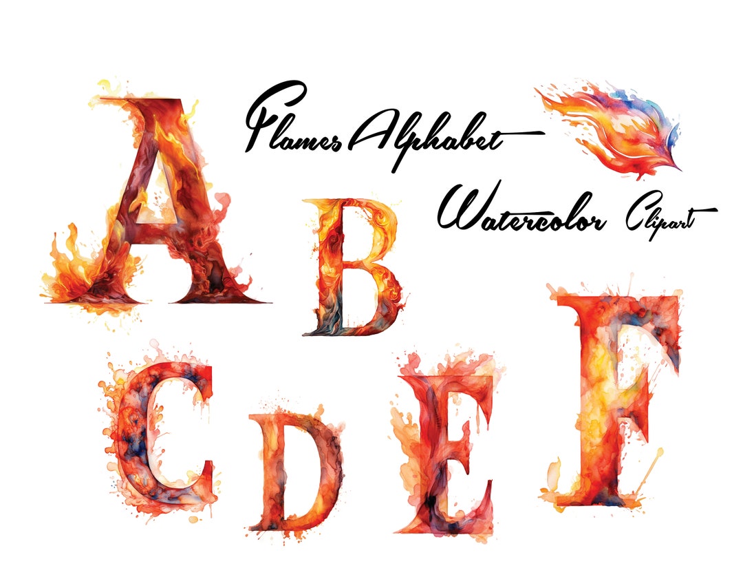 Flames Alphabet Watercolor Clipart - Fire Alphabet - Letters PNG ...