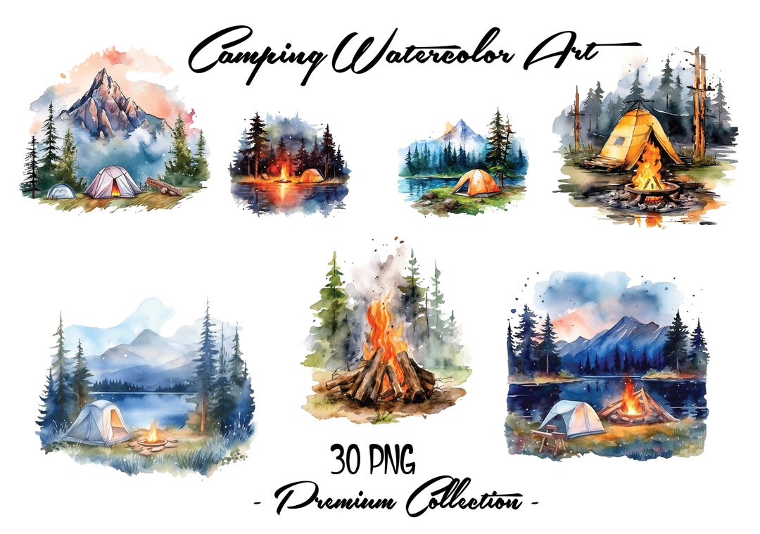 Watercolor Camping Clipart - Tent - Campfire - Campsite Illustrations ...