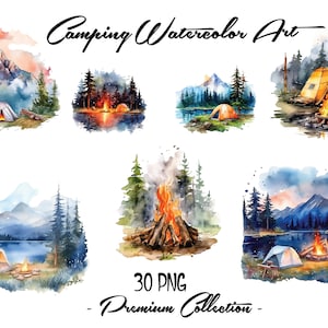 Watercolor Camping Clipart - Tent - Campfire - Campsite Illustrations ...