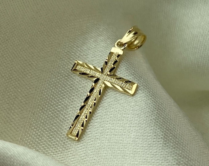 14K Real Yellow Gold Cross Religious Charm Thin Pendant for Necklace or ...