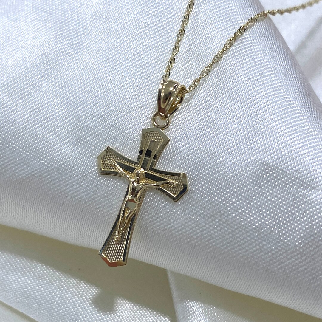 Real 14K Yellow Gold Religious Cross Jesus Crucifix Charm Pendant With ...