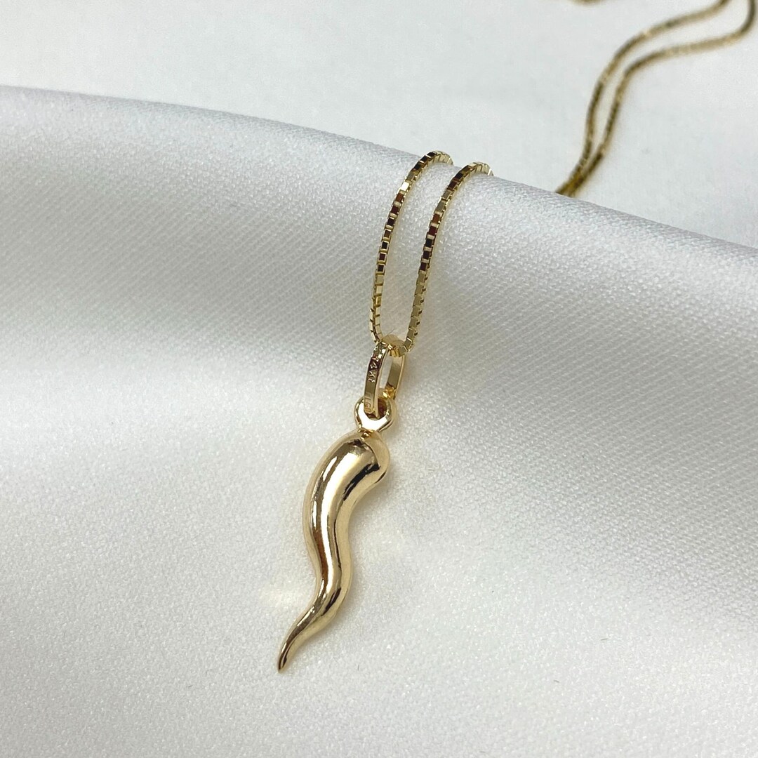14K Real Yellow Gold Cornicello Italian Horn Fortune Charm Pendant With ...