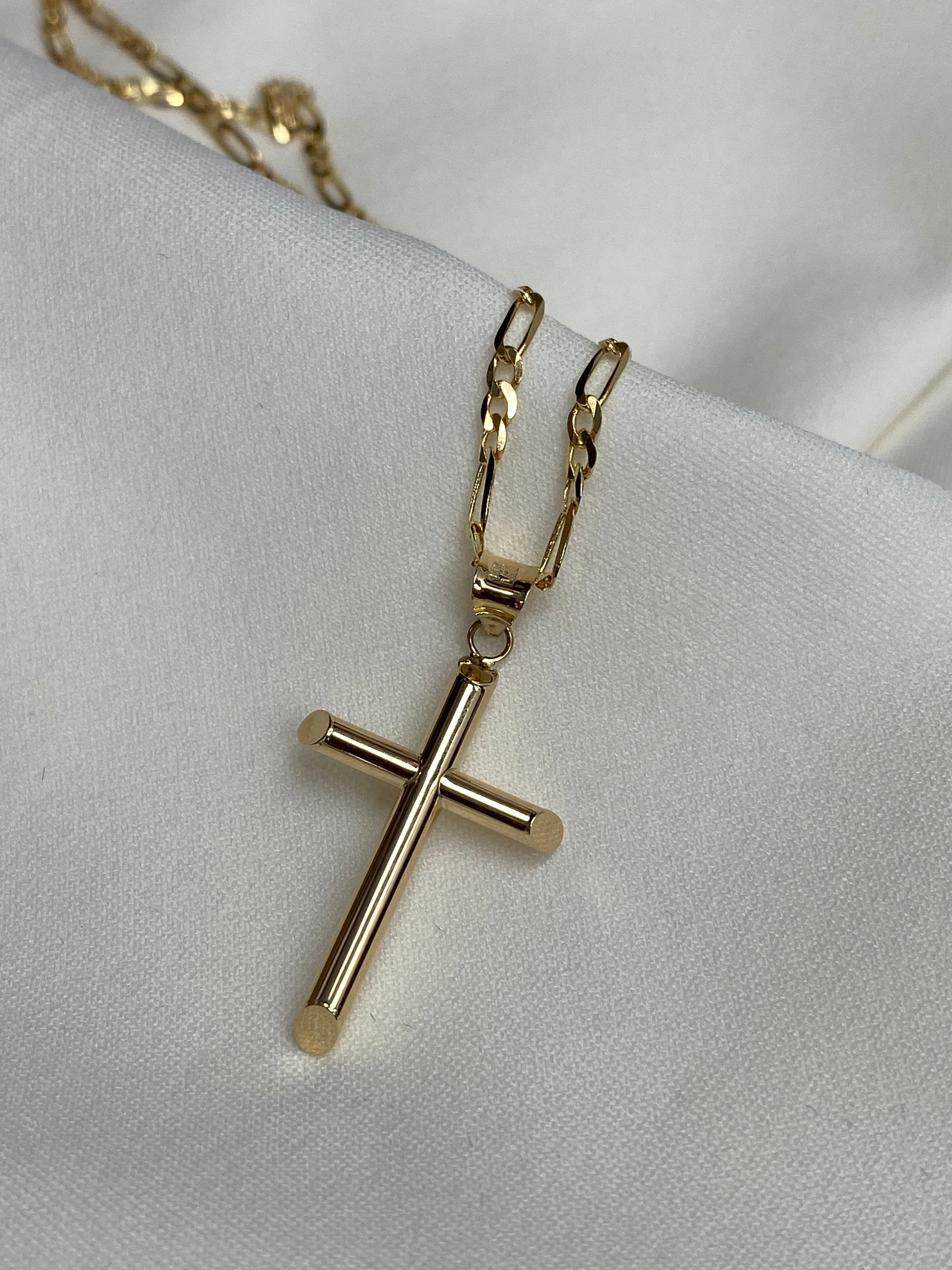 Real 14k Gold Cross Pendant Necklace Chain Tube Cross, 1.9mm Figaro ...