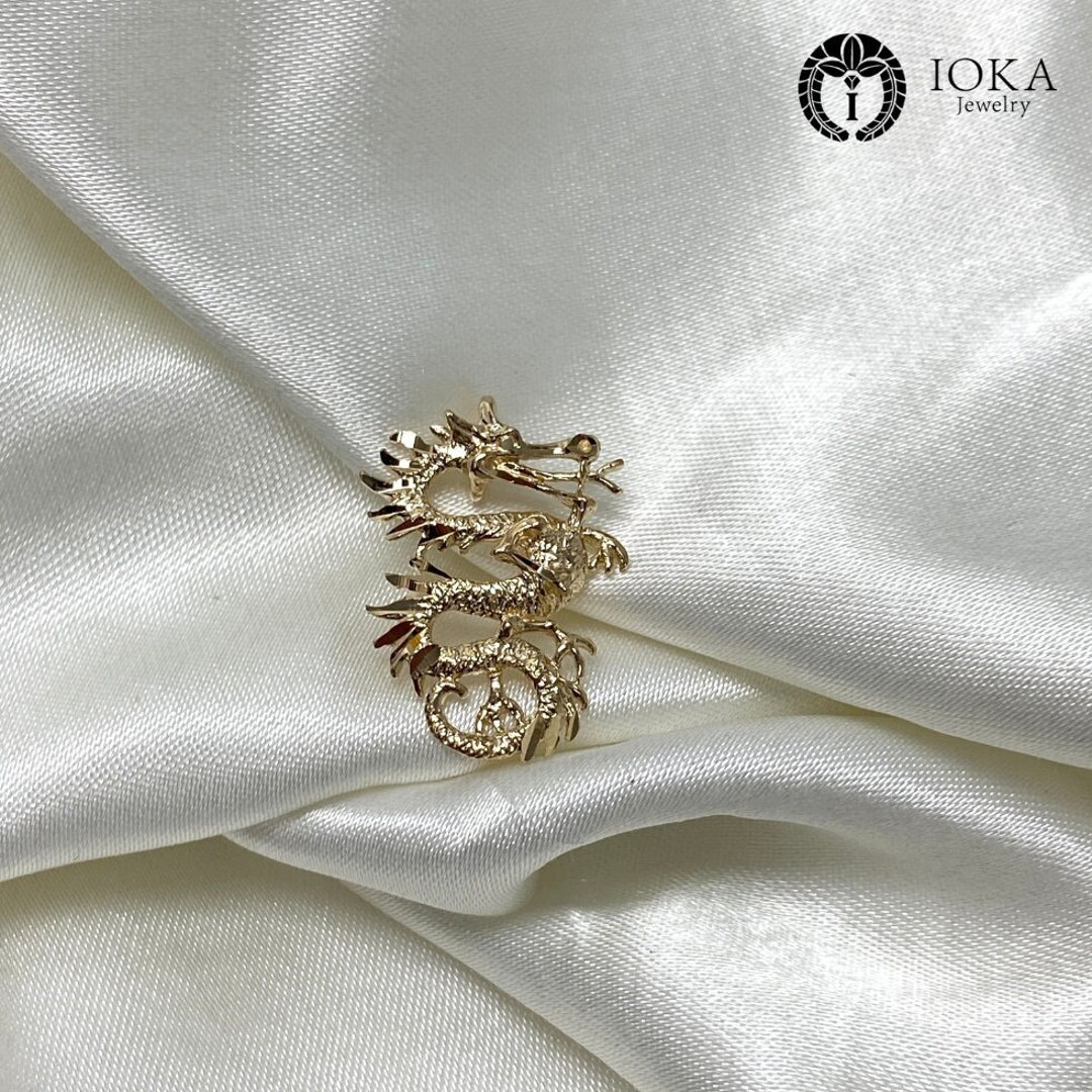 14K Real Yellow Gold Dragon Charm Pendant Luxurious Accessory Perfect ...