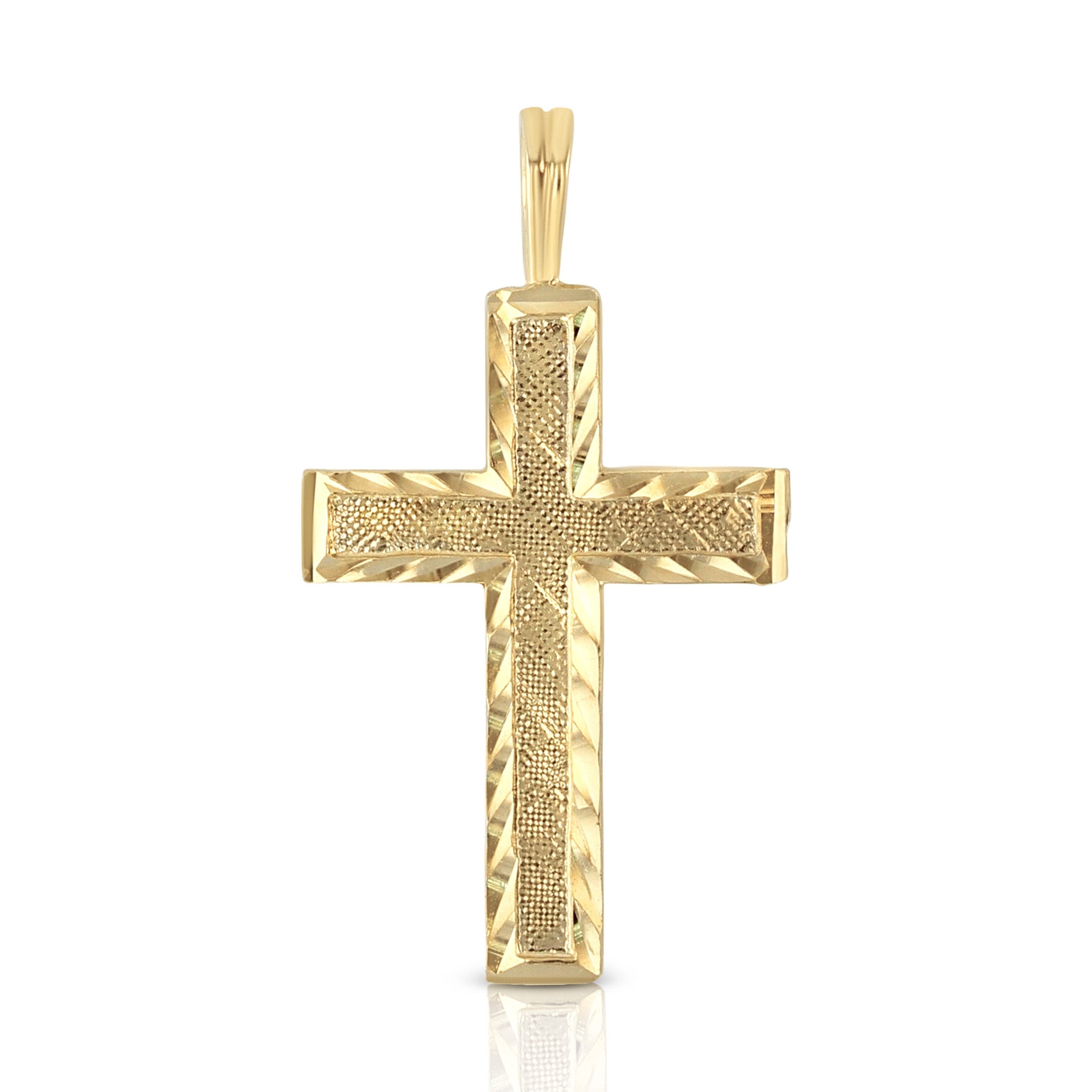 Real 14K Yellow Gold Medium Religious Latin Cross Pendant, Diamond Cut ...