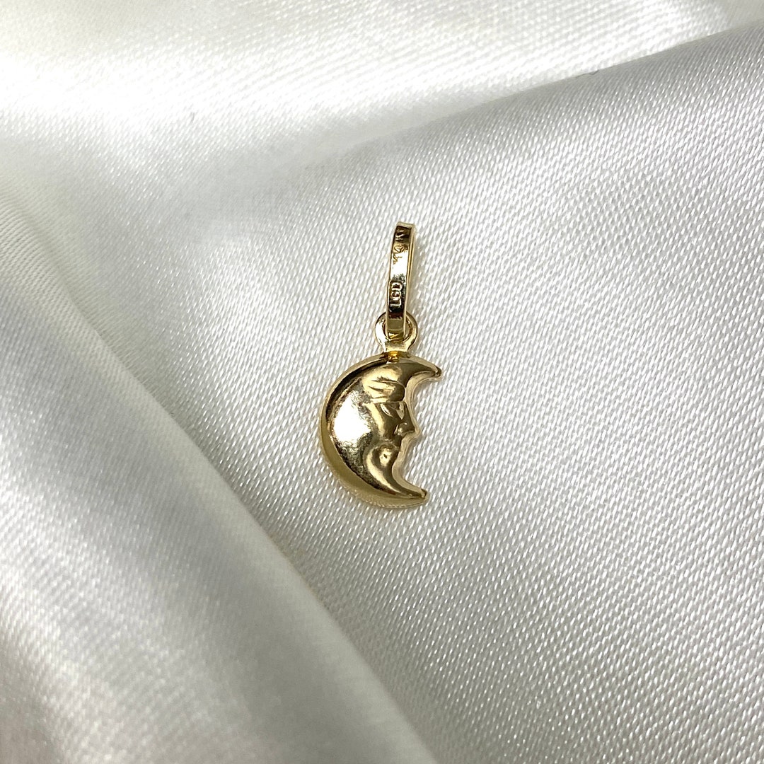 14K Yellow Gold Half Moon Face Charm Pendant Celestial Charm Necklace ...